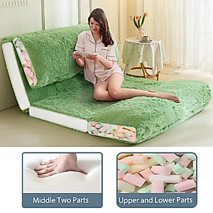 MAXYOYO Bean Bag Bed Floor Bed, Faux Fur Floor Sofa Floor Chairs for Adults, Folding Sofa Bed Foam Filling Wall Couch Sleeper Chairs Single Size Floor Mattress, Green, 30x95 Inch