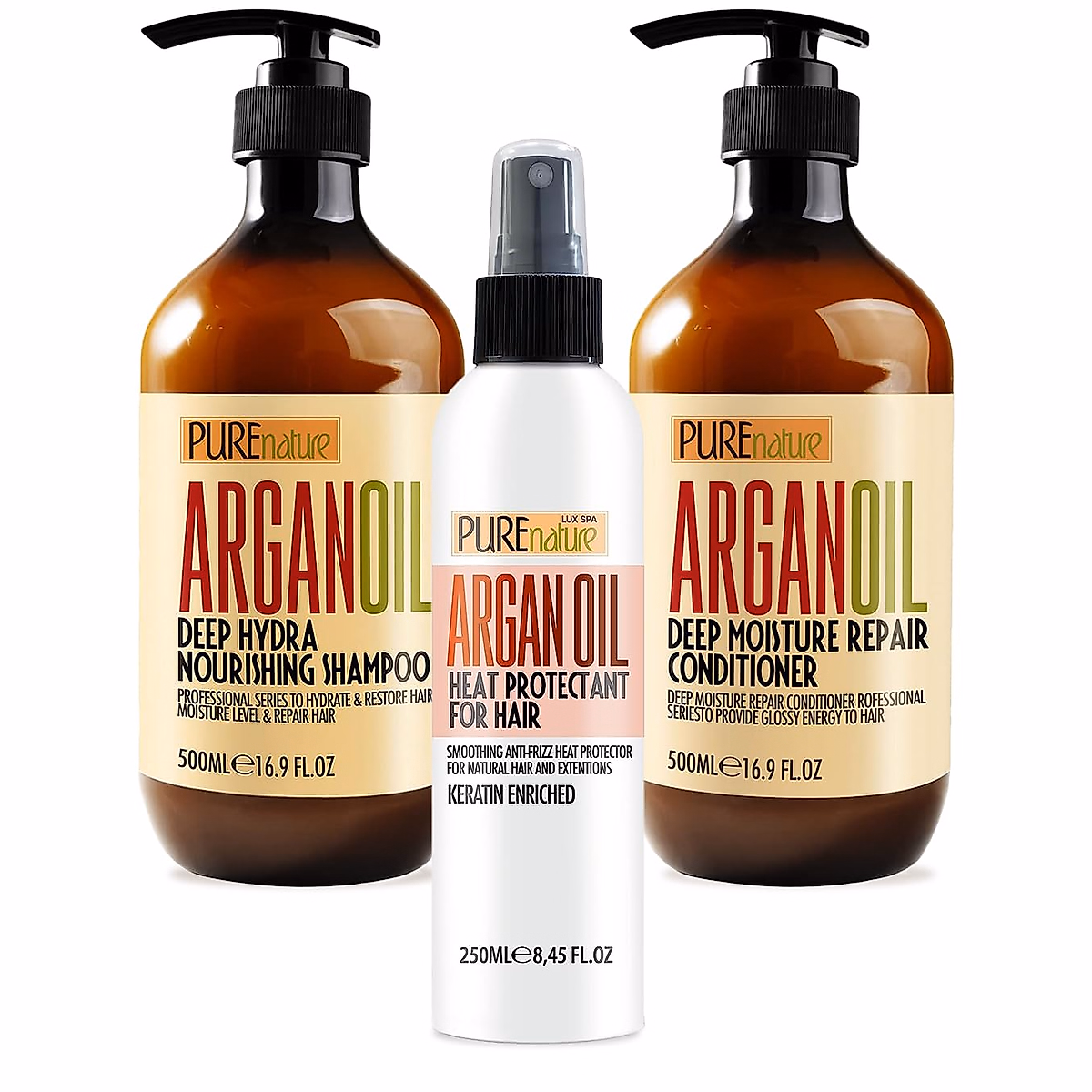 PURE NATURE Moroccan Argan Oil Shampoo and Conditioner Set and Heat Protectant Spray for Hair with Keratin