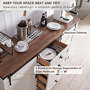 T4TREAM Farmhouse Sideboard Buffet Cabinet with Storage, 60" Large Kitchen Cabinet w/Sliding Barn Doors and 4 Drawers, 31.2'' Tall Wood Coffee Bar Table for Dining Room, Antique White