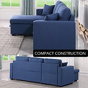 poplarbox L Shape Couch with Pull Out Bed, 84" Small Blue Sectional Sleeper Sofa with Storage Chaise, Convertible Pull Out Couch Bed for Bedroom, Living Room