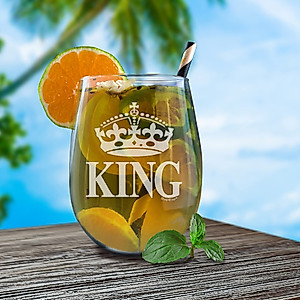 shop4ever Crown King Laser Engraved Stemless Wine Glass 15 oz. Anniversary Wedding Gift for Boyfriend Husband