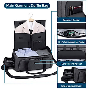 Garment Bags for Travel, Convertible Garment Duffle Bag for Men Women, Carry On Garment Bag Backpack, 4 in 1 Travel Suit Bag with Shoe Compartment, Large Weekender Bag-Dark Grey
