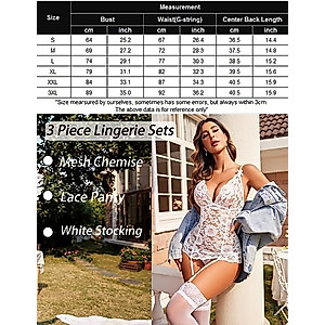 Avidlove Women's Boudoir Outfits Lace Lingerie Sets with Garter Belt 3 Piece Lace Teddy Babydoll Bodysuit with Stocking White L