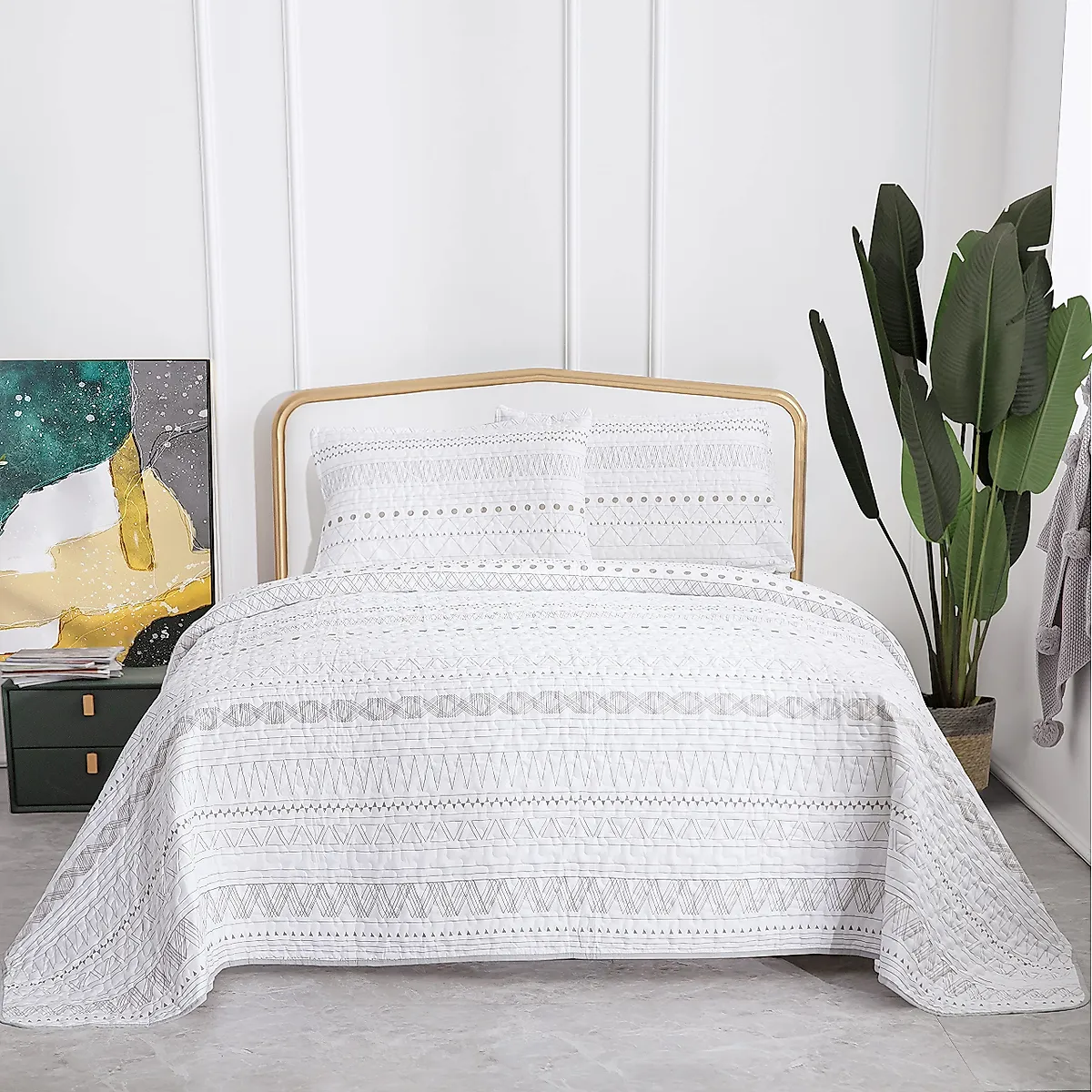 BBSET White Quilt Set Queen 90x90 Inch, 3 Pcs Striped Boho Geometric Bedding Quilts,Bohemian Aztec Brushed Reversible Bedspread Microfiber Coverlet Sets for All Season- 1 Quilt and 2 Pillow Shams