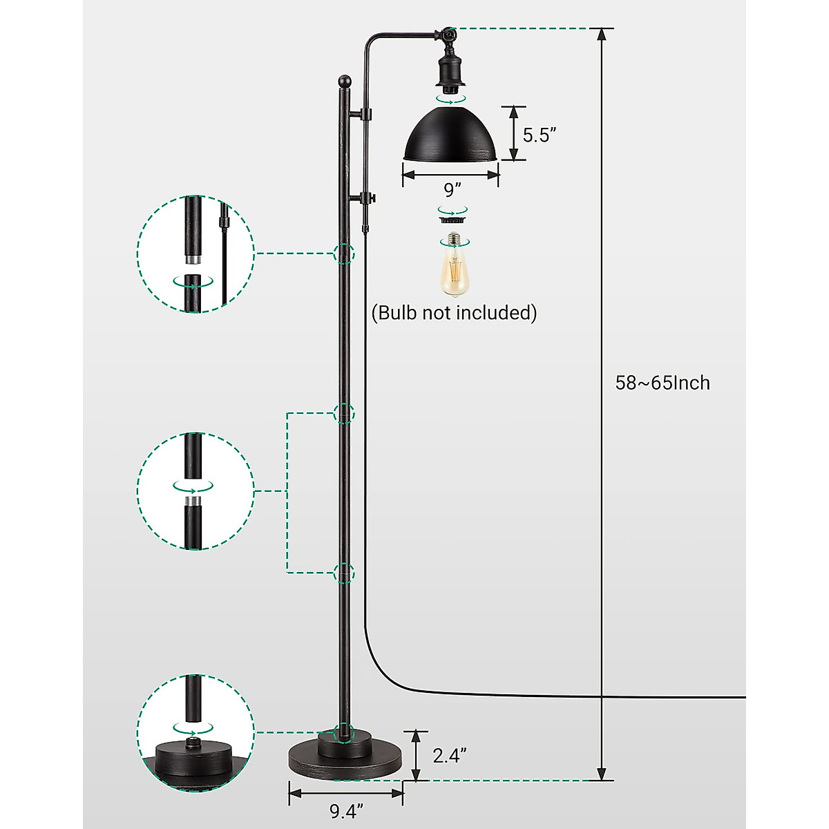 EDISHINE Industrial Floor Lamp, Adjustable Height & Head with Rotary Switch, Rustic Reading Lamp in Aged Black Finish, 65IN Farmhouse Standing Tall Metal Lamp for Living Room, Bedroom, Office