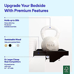 BedShelfie Bedside Shelf for Bunk Bed - College Dorm Room Essentials, Loft Bed Accessories, Clip On Nightstand Snack Organizer, Floating Bed Side Table Tray Shelfie Storage - Wood Black Cup Holder