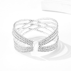 Ecesha Sparkly 6 Rows Cross Rhinestone Crystal Multilayer Arm Cuff Bangle Bracelet for Women Costume Jewelry Formal Wedding Party (Style A & Silver Plated)