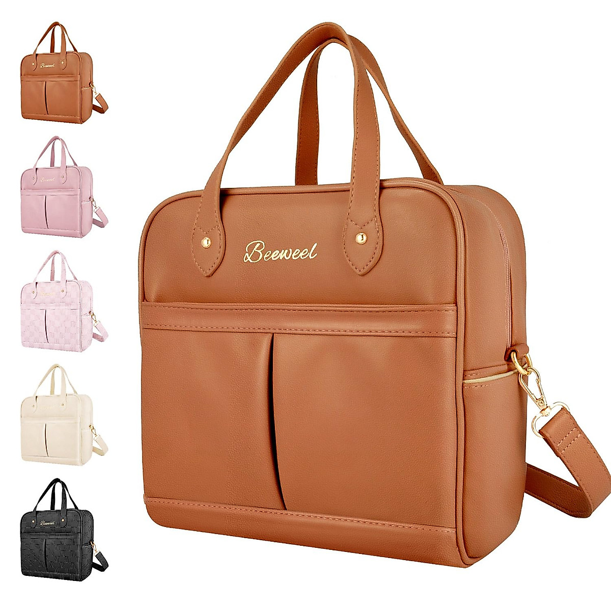 BEEWEEL Lunch Bag for Wome,PU Leather Lunch Tote Bag with Adjustable Shoulder Strap, Large Capacity, Insulated Lunch Bags for Work, Picnic, Camping -Brown