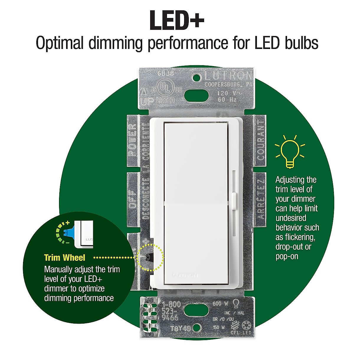 Lutron Diva LED+ Dimmer Switch for Dimmable LED, Halogen and Incandescent Bulbs, Single-Pole or 3-Way, DVCL-153P-WH, White (2-Pack)