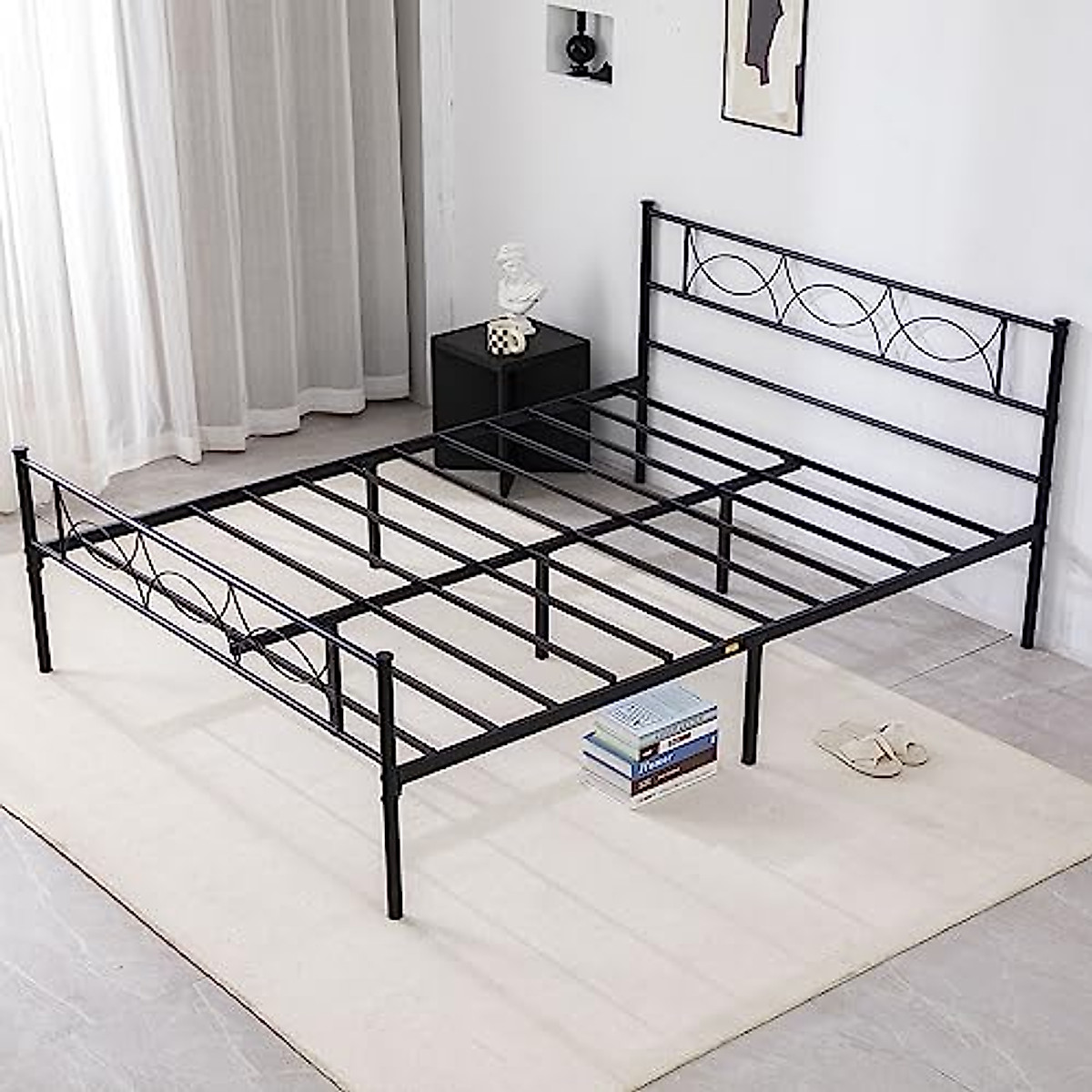 Black Metal Bed Frame Queen Size with Headboard Modern Platform Bed Sturdy and Easy Assembly No Box Spring Needed
