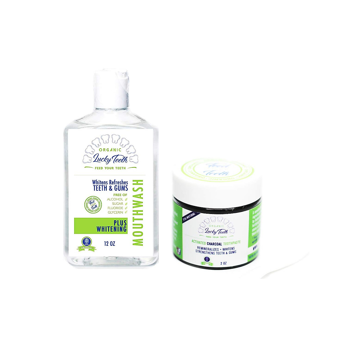 Organic Oral Care Pack - Food Grade Peroxide Whitening Mouthwash + Activated Coconut Charcoal Toothpaste - by Lucky Teeth.
