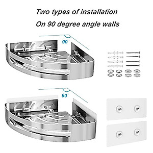 Gueryee Shower Wall Caddy Shelf Corner, Shower Rack Organizer, SUS 304 Stainless Steel Shower Storage Organization with 4 Hooks, Adhesive Bathroom Shower Shelf Large Capacity and Heavy Duty