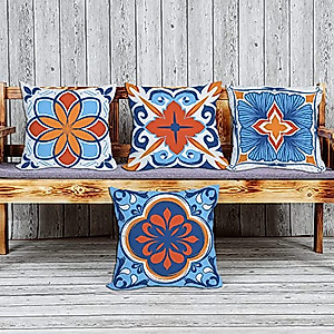 Tlovudori Outdoor Waterproof Throw Pillow Covers Set of 4 Ethnic Floral Printed and Boho Geometry Farmhouse Outdoor Pillow Covers for Patio Furniture Garden 18x18 Inch Blue Orange (18X18Inch, EF-Boho)