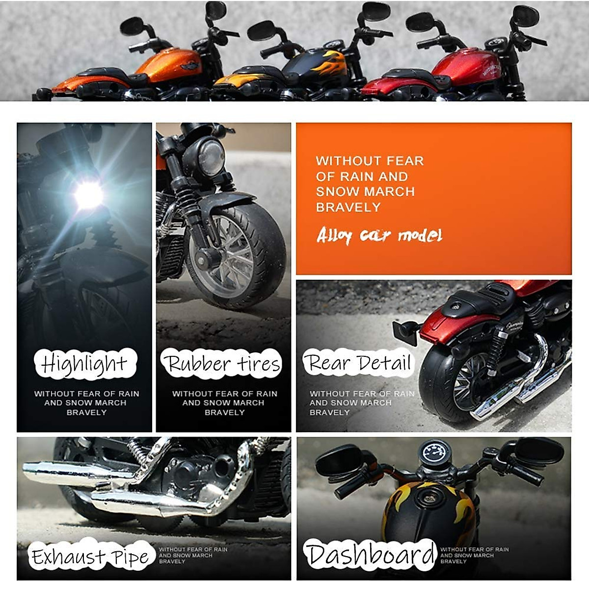 Gilumza Pull Back Motorcycle Toys, Tiny Gift with Music Lighting, Retro Motorcycles Toy for Boys Kids Age 3-12 Year Old (Orange)