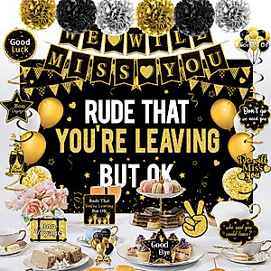 We Will Miss You Party Decorations for Men Women, Black Gold Farewell Party Supplies - Rude That You'Re Leaving But Ok Banner Hanging Swirls Pompoms，Great for Retirement Going Away Job Change Party