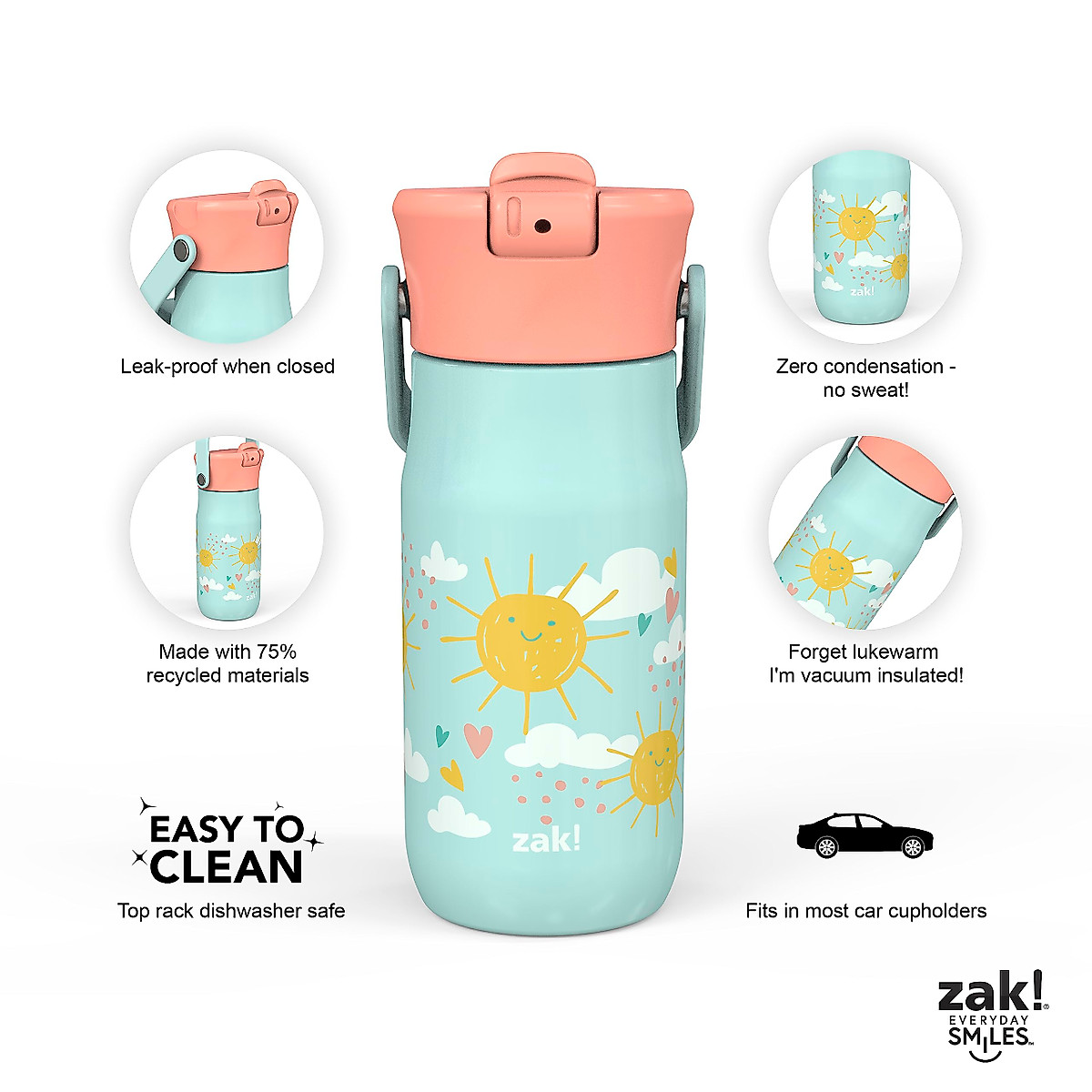 Zak Designs Harmony Kid Water Bottle for Travel or At Home, 14oz Recycled Stainless Steel is Leak-Proof When Closed and Vacuum Insulated (Happy Day)
