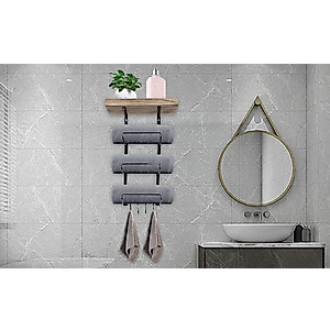 Merkaunis Towel Rack Wall Mounted with 4 Hooks,Metal Tower Holder with Wooden Shelf, Bathroom Towel Storage,Towel Storage Racks for Different Size Towels,Washcloths,Hand Towels,Yoga,Salon,RV