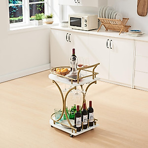 JOIN IRON Gold Bar Cart, 2-Tier Home Bar Serving Cart with Wheels, Wine Rack & Glass Holder, Mobile Beverage Cart for Kitchen, Dining Room, and Living Room (Gold2)