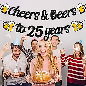 OKUSUN 25th Birthday Decorations Cheers to 25 years 25s Birthday Banner for Men Women 25th Birthday Black Glitter Backdrop Wedding Anniversary Party Supplies Decorations Pre Strung