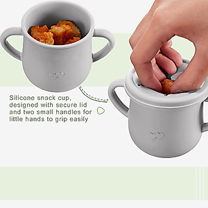 Potchen 14 Pack Baby Feeding Set, Silicone Baby Led Weaning Feeding Supplies with Suction Bowl Divided Plate Adjustable Bib Soft Spoon Fork Snack Cup with Lid Drinking Cup, Utensil (Army Green, Grey)