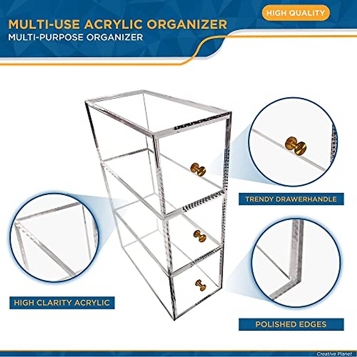 Creative Planet Acrylic Drawer Organizer Designer Collection 3 Level Storage Drawers for Cosmetics, Sunglasses, Makeup Gift for Women, Men, Girls (3-Level-L, Transparent)
