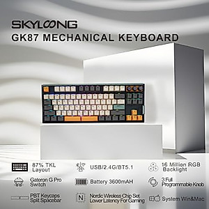 SKYLOONG GK87 V3 TKL Wireless Mechanical Keyboard - Nordic 2.4G/Bluetooth 5.1/USB Wired - Double Spacebar - 3Knobs - Gateron G Pro Switch-RGB Backlit Hot Swappable - Ti-Grey PBT Keycaps