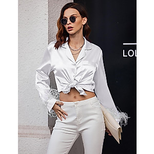 Ekouaer Women's Bridal Feather Trim Silk Satin Pajama Set Long Sleeve Lounge Sets Sleepwear (Removable Feather) White Small