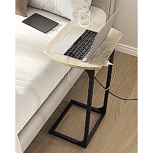 Hzuaneri C Shaped End Table with Charging Station, Bed Side Table with USB Port & Outlet, Couch Table, C Snack Table for Living Room, Bedroom, Greige and Black ET05105B