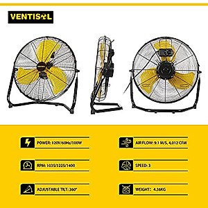 VENTISOL 18 Inch 3-Speed 4012CFM High Velocity Floor Fan, Heavy Duty Metal Industrial Fan for Warehouse,Workshop,Factory, Basement, Greenhouse, 360 Degree Tilt - ETL Listed, Black