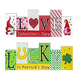 Reversible Valentine's Day/St. Patrick’s Day Decorations Wooden Sign, Double-Sided Valentines & St. Patrick’s Day Theme Farmhouse Table Centerpiece Decor Indoor for Home Mantle Shelf Tiered Tray Decor
