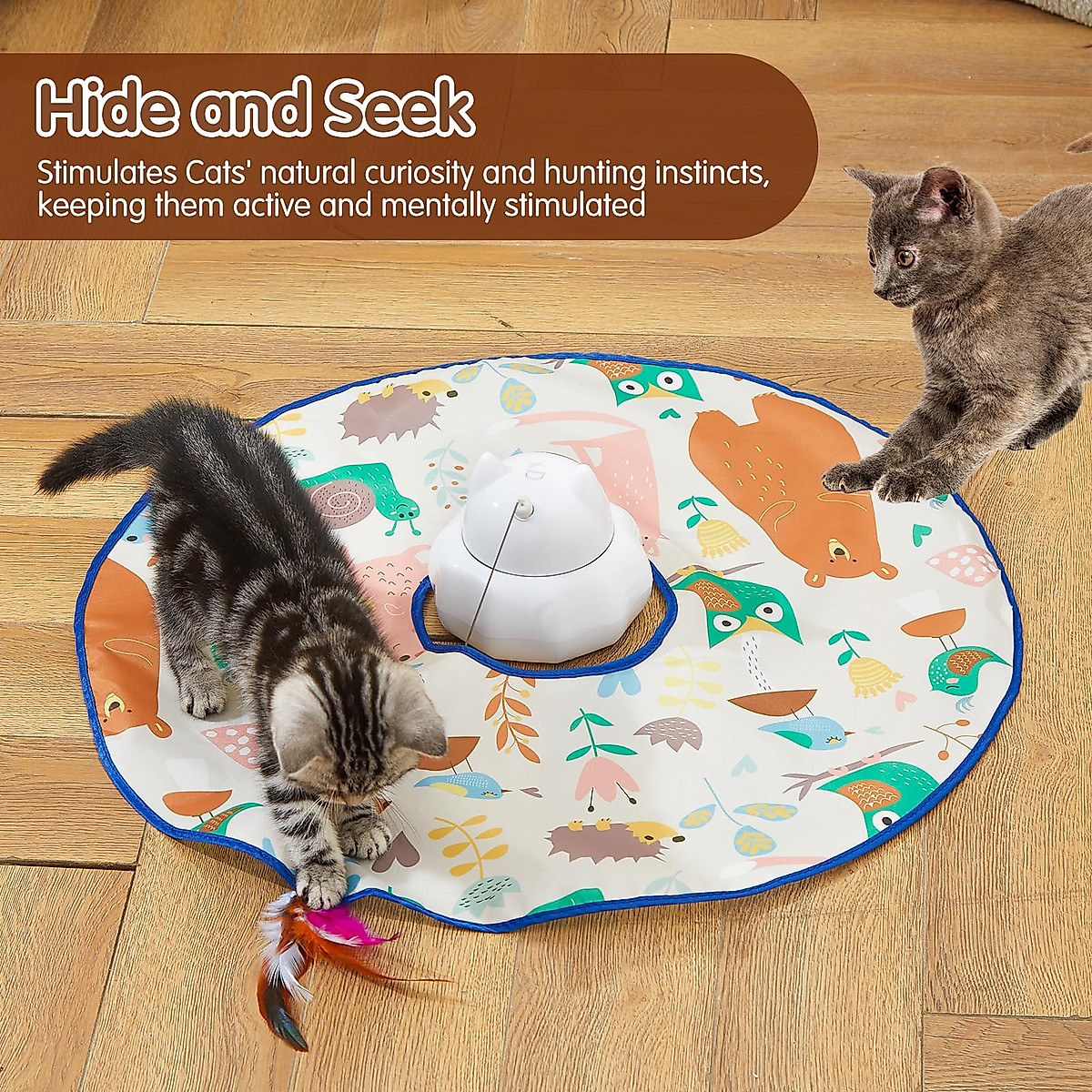 VIWIK 4 in 1 Cat Laser Toy Automatic, Interactive Cat Toys for Indoor Cats, Hide and Seek Kitten Wand Toy, USB Rechargeable Electronic Toys with Moving Feather, Cover for Bored Cats All Breeds