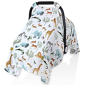 Muslin Car Seat Canopy for Babies, Metplus Lightweight Infant Carseat Cover Breathable Baby Carrier Cover for Boys Girls, Fit Spring Summer/Hot Days/Warm Weather, Woodland Animals