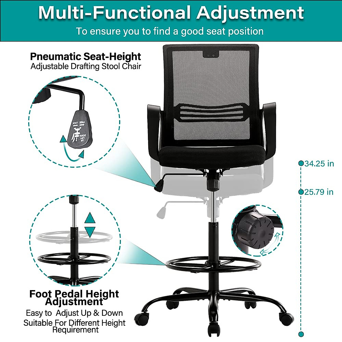 Tall Office Chair for Standing Desk - Comfortable Drafting Chairs with Armrest Adjustable Foot Ring Ergonomic Mesh Mid-Back Desk Chair - Deep Black