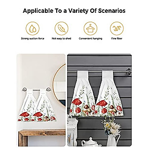 LBDOMOV Mushroom Kitchen Hand Towel,Soft Hanging Dish Towels with Loop,Bohomia Botanical Floral Wildflowers Green Leaves Butterflies Absorbent Drying Cleaning Cloth Dishclothes Decorative Sets,2-PC