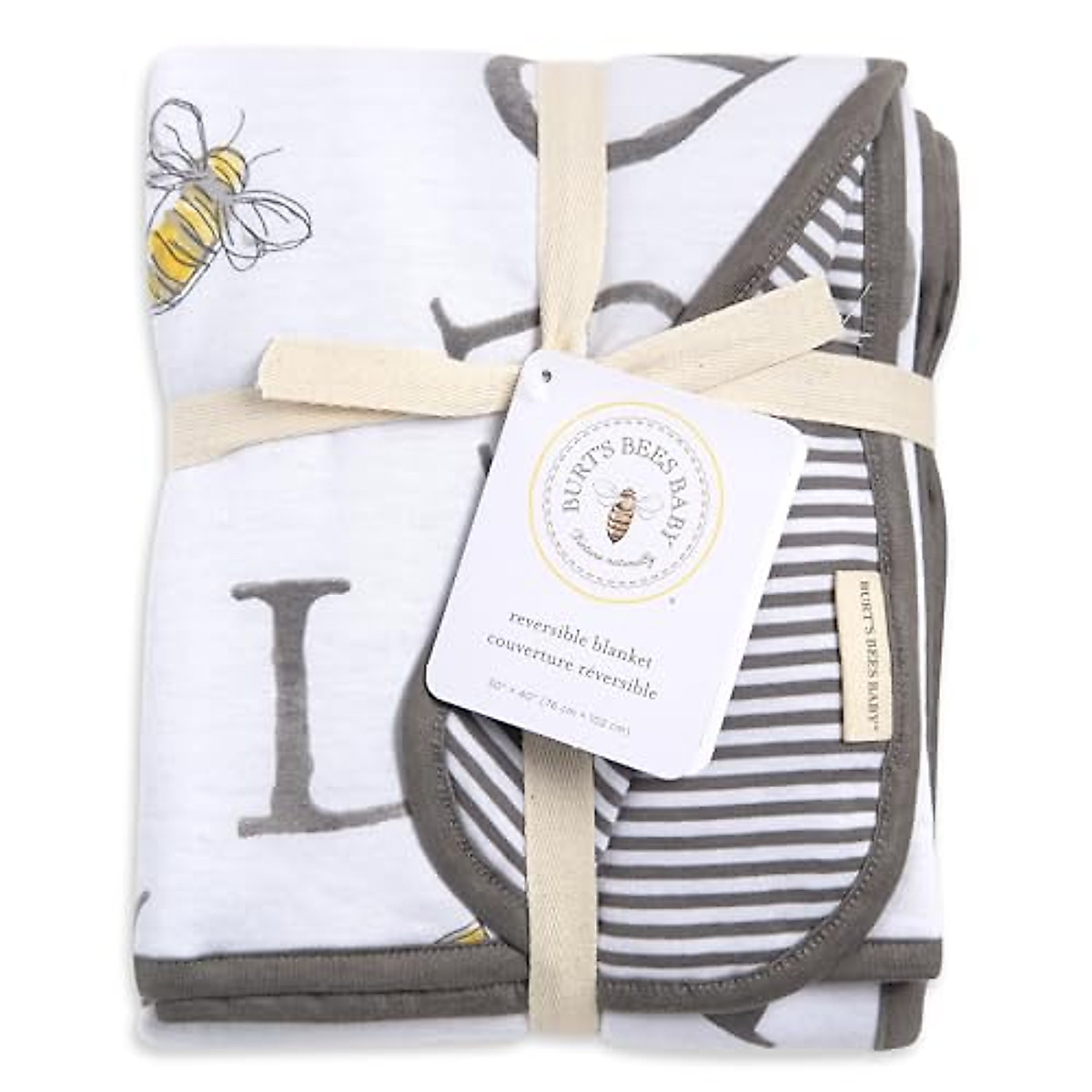 Burts Bees Baby Infant Reversible Blankets 100% Organic Cotton GOTS Certified - A-Bee-C Prints with Quilting Pattern Soft Nursery Blanket with 100% Polyester Fill for Size 30 x 40 Inch