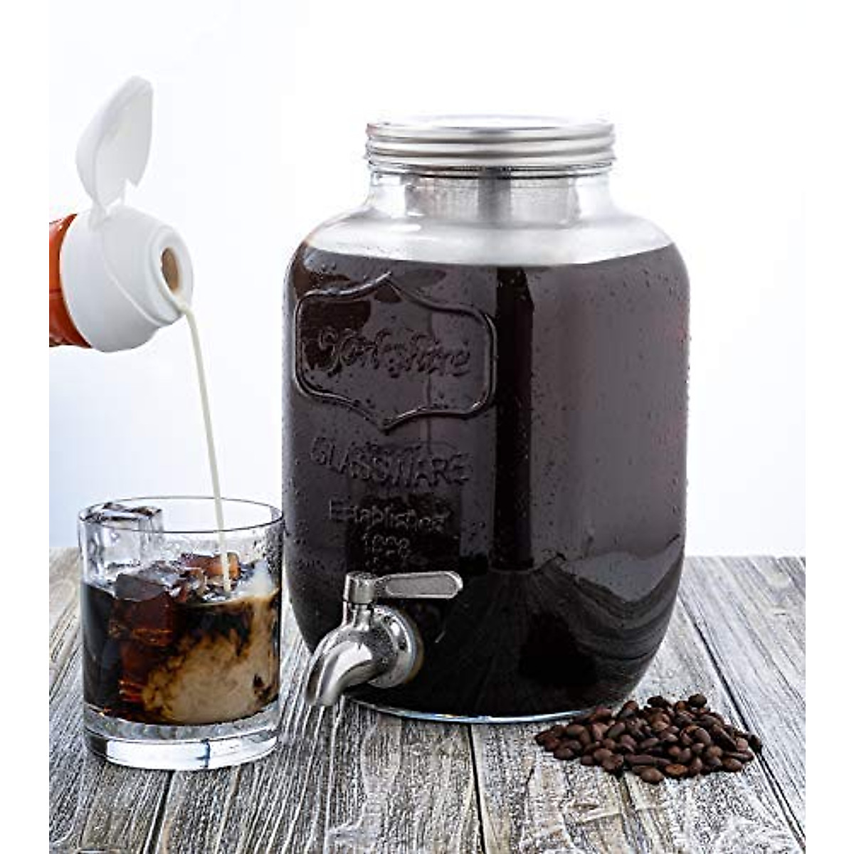 1 Gallon Cold Brew Coffee Maker | Easy Pour Stainless Steel Spigot Tap, Removable Fine Mesh Filter | Extra Thick Glass Cold Brew Pitcher Brewing System Iced Coffee Maker | Refrigerator Safe