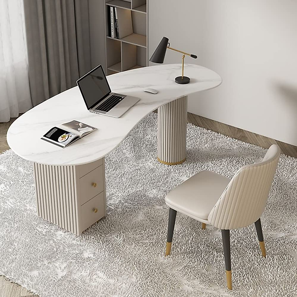 LAKIQ Modern Office Desk with 3 Drawers Irregular Shape Modern Sintered Stone Writing Desk Home Office Work Table Desktop Computer Desk with Storage-Table Only(Black, 63" L x 27.6" W x 29.5" H)