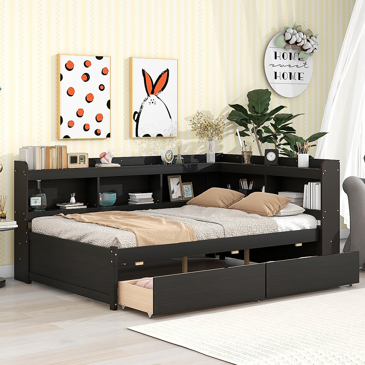 Full Size Platform Bed with L-Shaped Storage Shelfs and Bookcases, Pine Wood Day Bed with 2 Storage Drawers for Boys Girls Teens Adults/Living Room/Bedroom (Espresso)