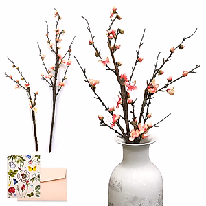 SNAIL GARDEN 2Pack Artificial Plum Blossom Flowers, Faux Long Stem Plum Blossom Bouquet with 13 Heads Full Bloom Plum & 23 Silk Flower Buds-Fake Plum Branches for Home Table Decoration (33.5", 21.2")