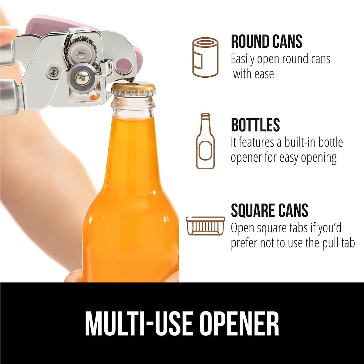 The Original GORILLA GRIP Heavy Duty Stainless Steel Smooth Edge Manual Can Opener and Bottle Openers, Soft Handle, Rust Proof Oversized Handheld Easy Turn Knob, Multifunctional Kitchen Tool, Pink