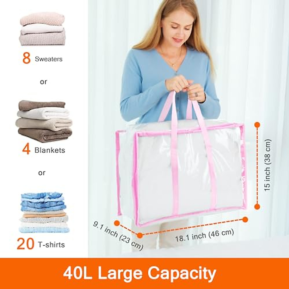Vieshful 3 Pack Clear Clothes Storage Bag, 40L Zippered Closet Organizer, Plastic Storage Containers Moving bags for Comforter, Blanket, Bedding, Duvet, Toys (Blue)