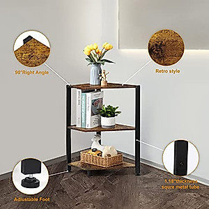 SHINOSKE 3-Tier Corner Shelf, Multipurpose Storage Cabinet Organizer Rack Stand, Wood Storage Stand with Metal Frame,Plant Stand for Living Room, Home Office, Kitchen, Small Space,Brown