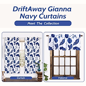DriftAway Gianna Floral Leaf Botanical Lined Thermal Insulated Energy Saving Window Curtain Valance for Living Room Bedroom Kitchen Rod Pocket 2 Pack 52 Inch by 18 Inch Plus 2 Inch Header Navy