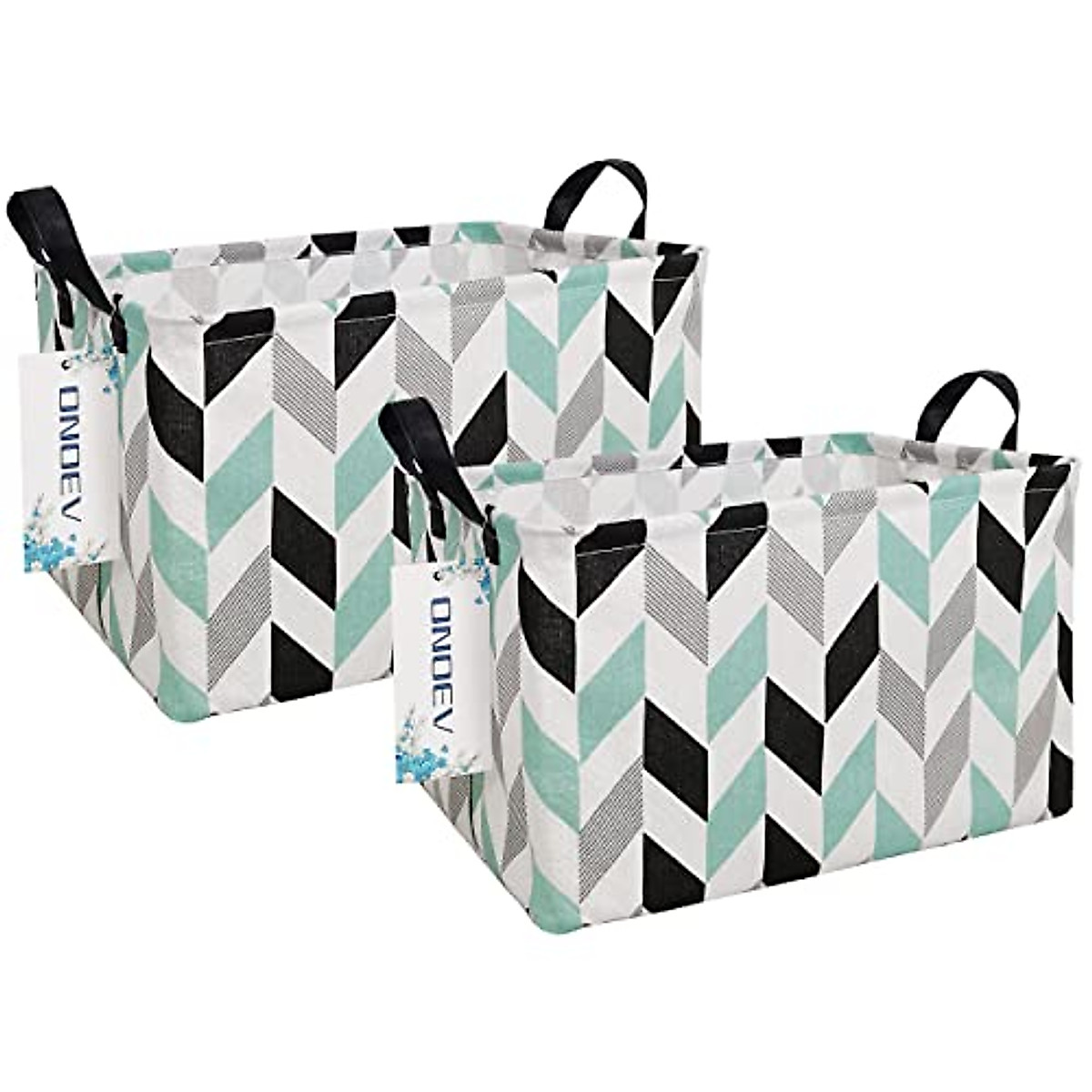 ONOEV 2 Pack Rectangular Fabric storage box,decorative basket and finishing basket with handle are used for the storage of clothes,books and sundries(2 Pack Green geometry)