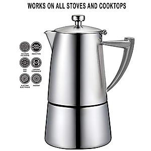 CUISINOX Roma Satin Stainless Steel Moka Pot Stovetop Espresso Maker, 4-Cup (6 oz)