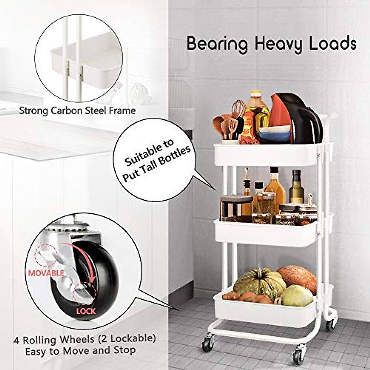 QiMH 3 Tier Rolling Storage Cart Heavy Duty Mobile Rolling Utility Cart with Handle Wheels Multifunction Large Storage Shelves Organizer