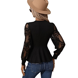 SweatyRocks Women's Floral Lace Long Sleeve V Neck Wrap Top Flare Hem Peplum Blouse Black S