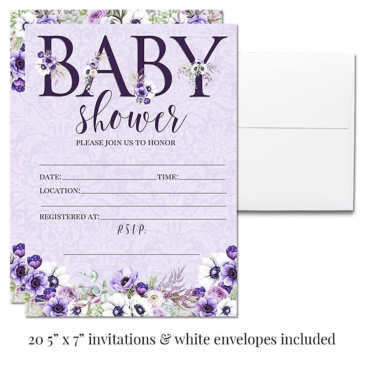 Amanda Creation Watercolor Violet Floral Baby Shower Party Bundle Includes 20 each of Invitations with Envelopes + 4 Different Sizes of Decorative Stickers, Diaper Tickets & Bring a Book Cards