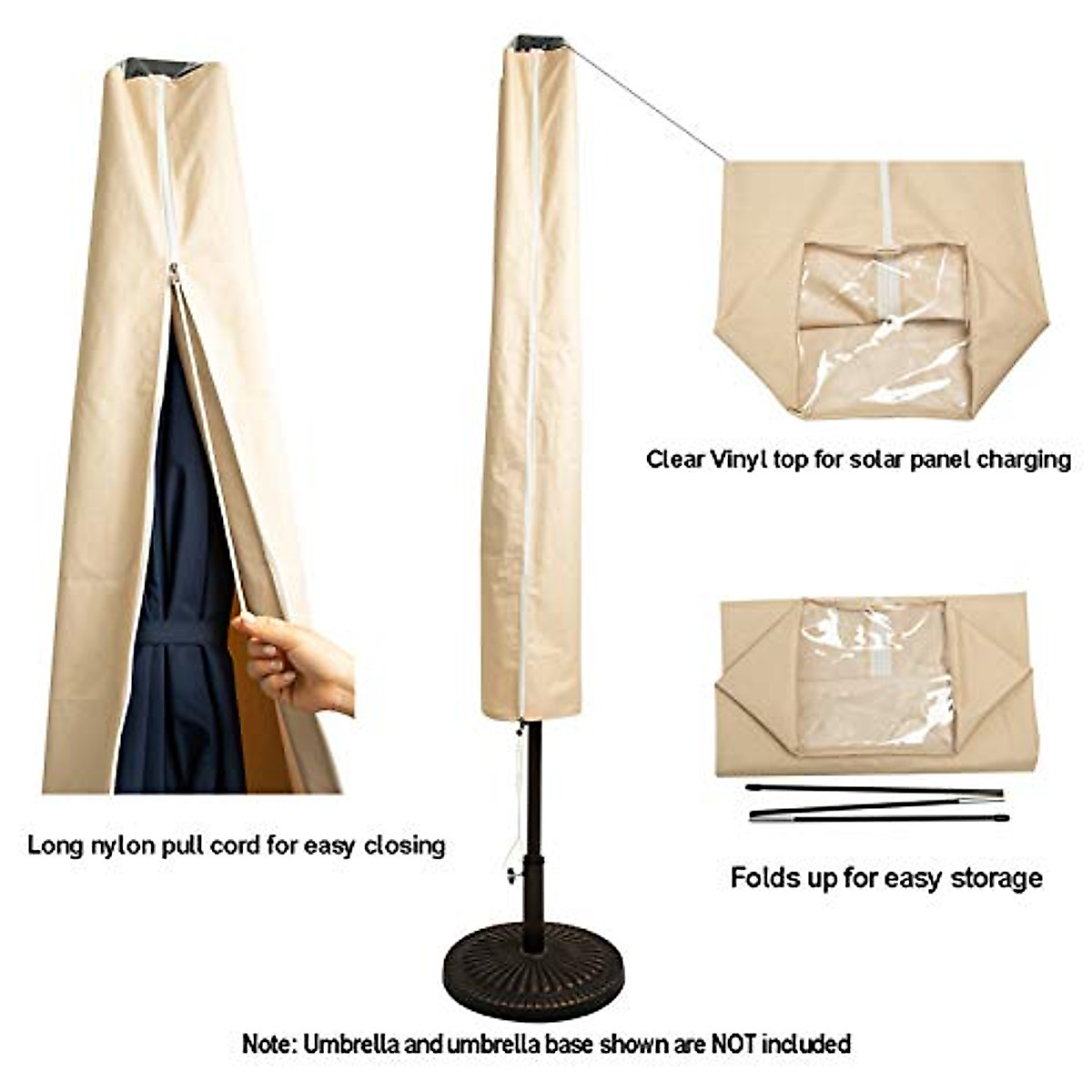 C-Hopetree Patio Umbrella Cover for 7ft to 11ft Solar LED Outdoor Market Umbrellas, Waterproof, with Zipper and Rod, Beige