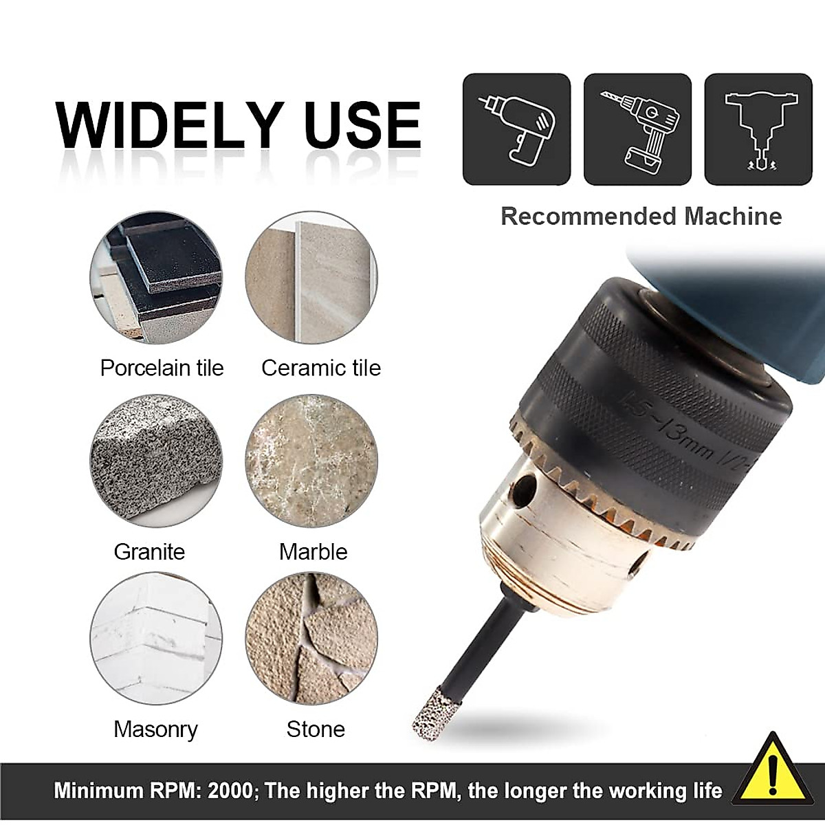 SHDIATOOL Dry Diamond Drill Bits Set for Porcelian Tiles Marble Granite Quick Change Hex Shank Stone Hole Bits(6/8/10/12/14mm) 5pcs